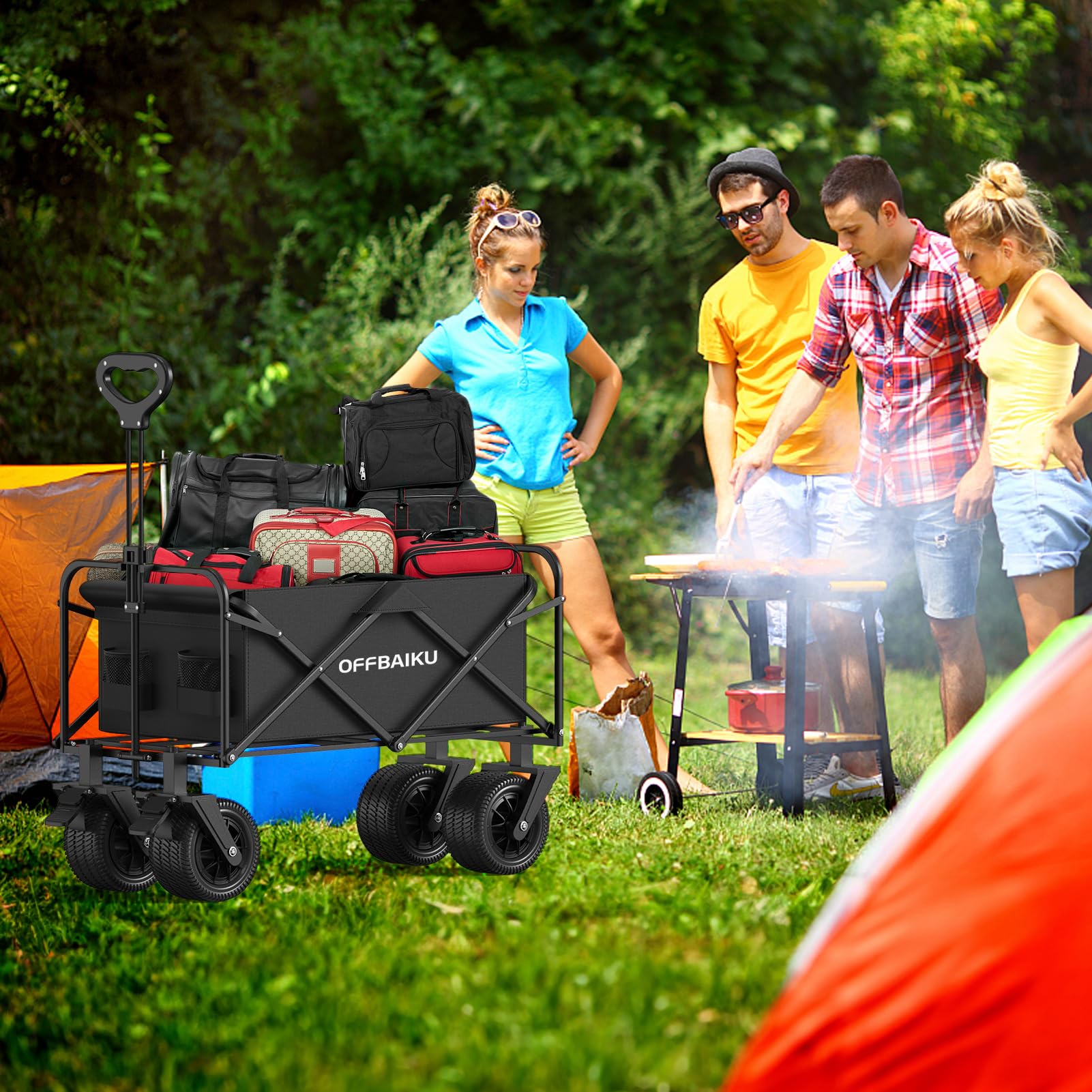 OFFBAIKU Collapsible Folding Wagon with 330lbs Weight Capacity Wagon Cart Heavy Duty Foldable with Big All-Terrain Wheels Beach Wagon Utility for Beach,Sand,Camping,Black