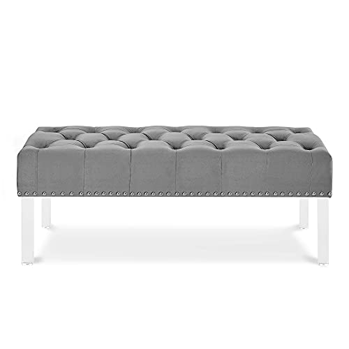 New Classic Furniture Vivian Velvet Bench with Crystal Buttons, Gray