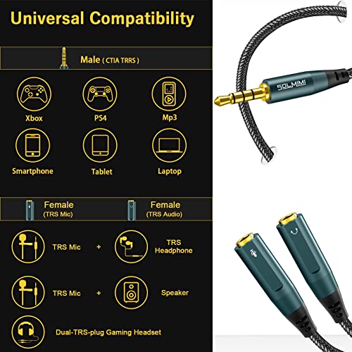 SOLMIMI Headset Adapter, 3.5mm Headphone Mic Splitter CTIA TRRS Male to Dual TRS Female Y Audio Microphone Splitter Cable for Gaming Headset to PC, Laptop, Smartphone, PS4, Xbox, Computer - 1 Feet