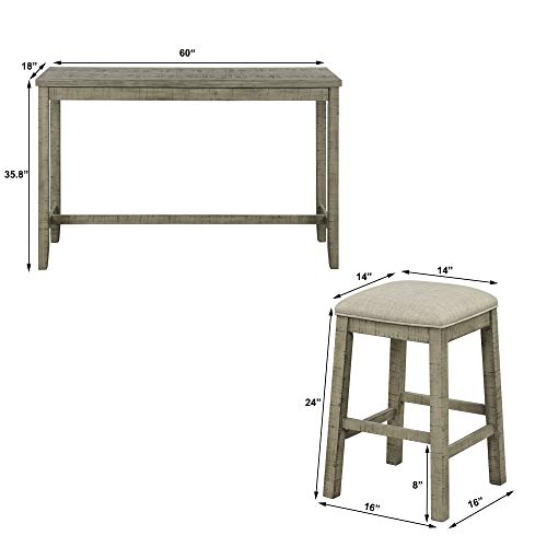 Quarte 4-Piece Counter Height Bar Table Set, Multipurpose Dining Room Set with Fabric Padded Stools and Socket,Wood Rustic Dining Set