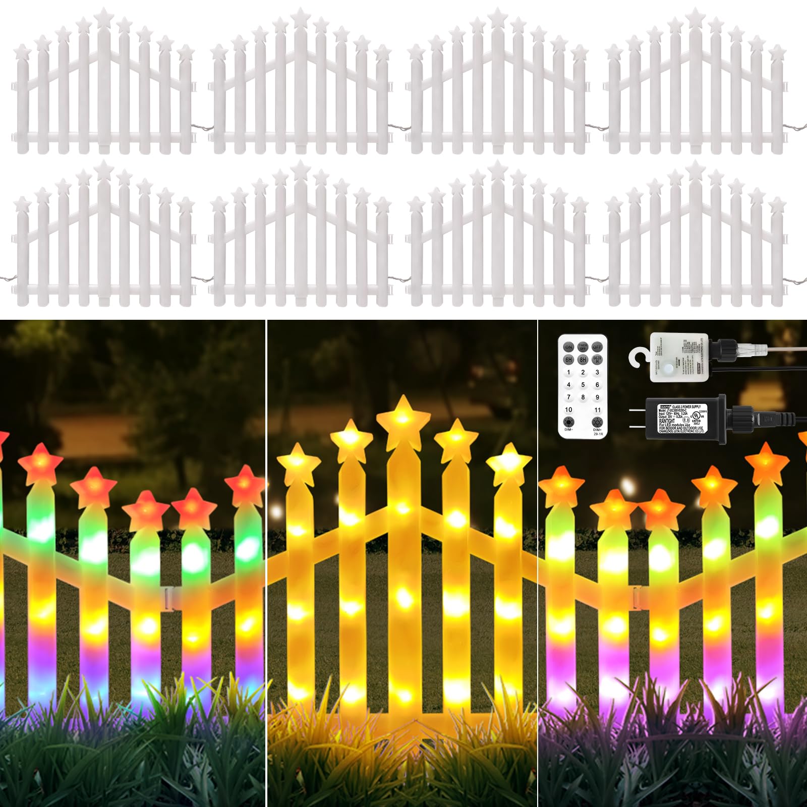Garden Picket Fence Lights 8 Pack, 11 Modes Fence Lights with Remote,13.8 x 11 inch Christmas Tree Fence Lights Plug in,Plastic White Edgings Garden Picket Fence Lights for Landscape Patio Yard Xmas