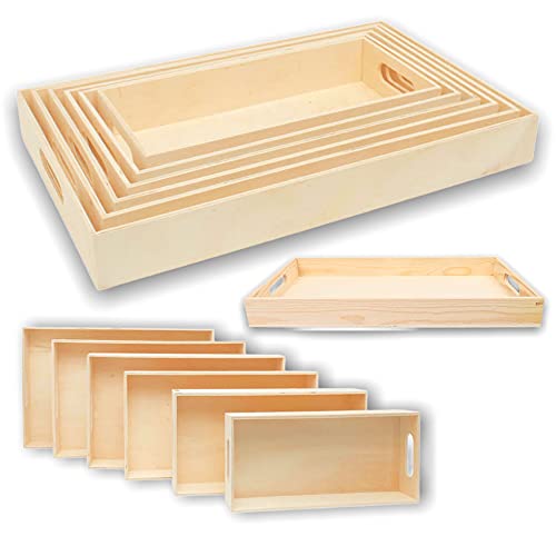 6 Piece Nested Serving Trays Set of Rectangular Shape Wood Trays Ideal for Crafts /School with Easy Cut Out Handles Ideal Kitchen Nesting Trays for Snacks, Treats, Organization, Personalise and DIY