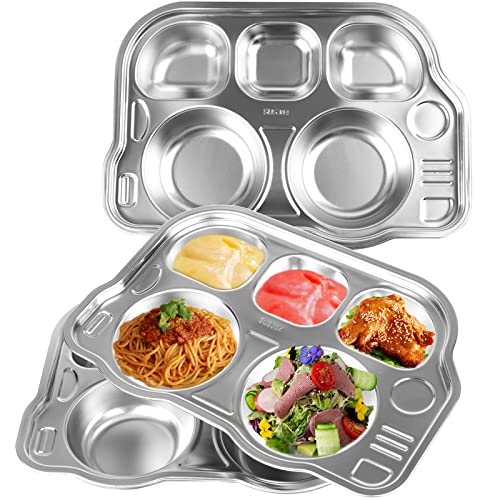 ZEAYEA 3 Pack Stainless Steel Divided Plate, 304 Stainless Divided Platter, 5 Section Car Shape Divided Dinner Tray, Kids Snack Meal Plate for Lunch, Portion Control, Camping, BPA free
