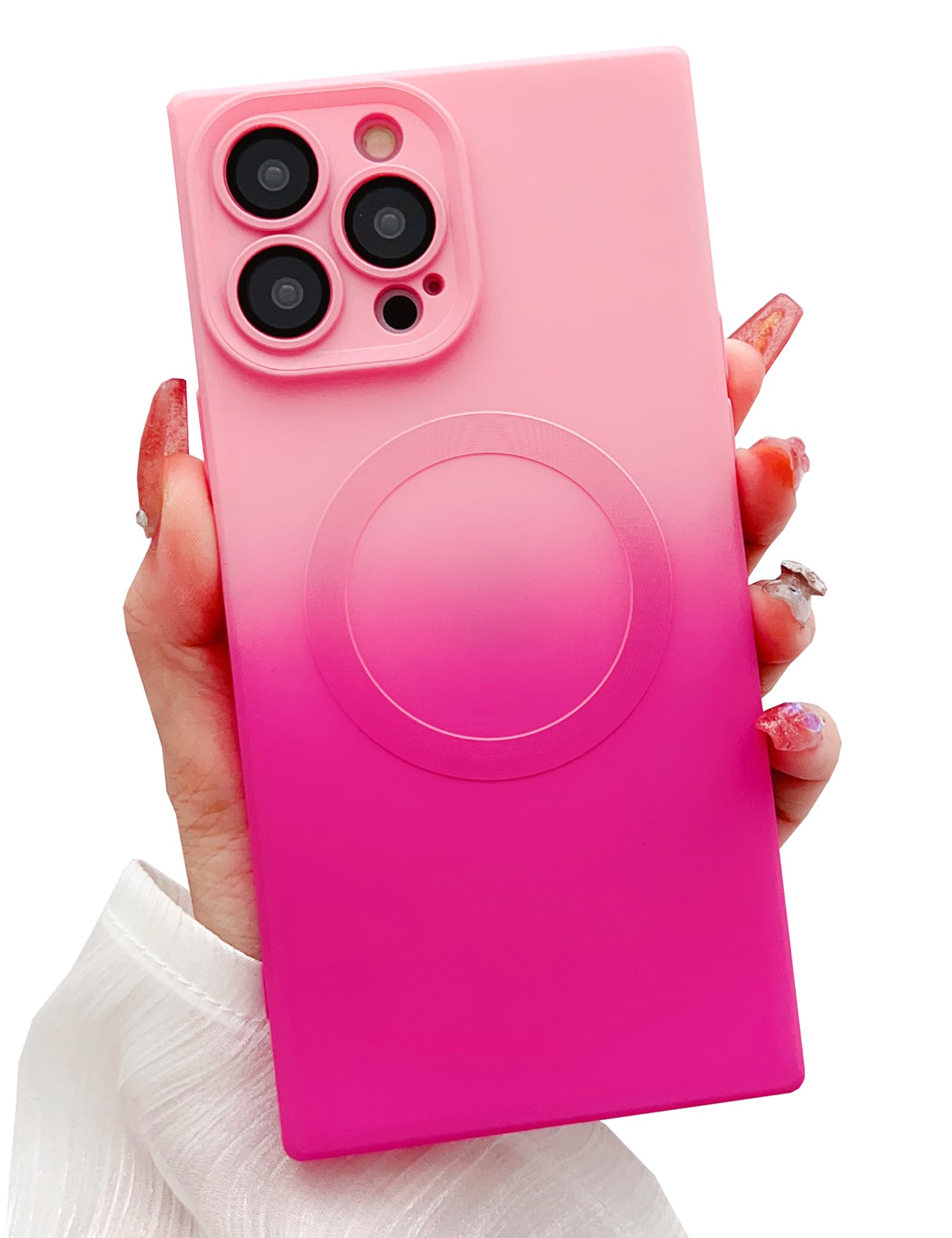 SobLn for Rectangle iPhone 13 Pro Max Case Magnetic Gradient Color Compatible with MagSafe Silicone Slim Anti-Scratch Shockproof with Full Camera Lens Protection for Women Men Phone Case (Pink Red)