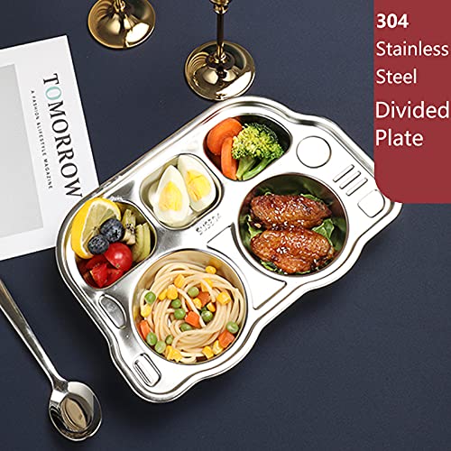 ZEAYEA 3 Pack Stainless Steel Divided Plate, 304 Stainless Divided Platter, 5 Section Car Shape Divided Dinner Tray, Kids Snack Meal Plate for Lunch, Portion Control, Camping, BPA free