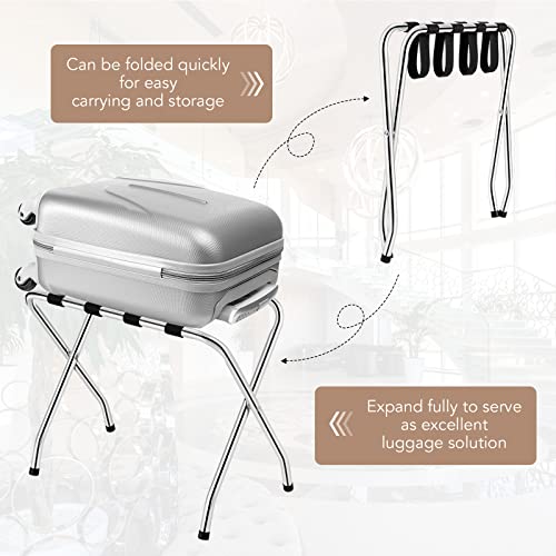 MAT EXPERT Folding Luggage Rack, No Assembly Required, 180lbs Capacity Luggage Holder w/ Nylon Straps & Non-slip Footpads, Chrome Suitcase Stand for Guest Room Home Bedroom Hotel, Silver