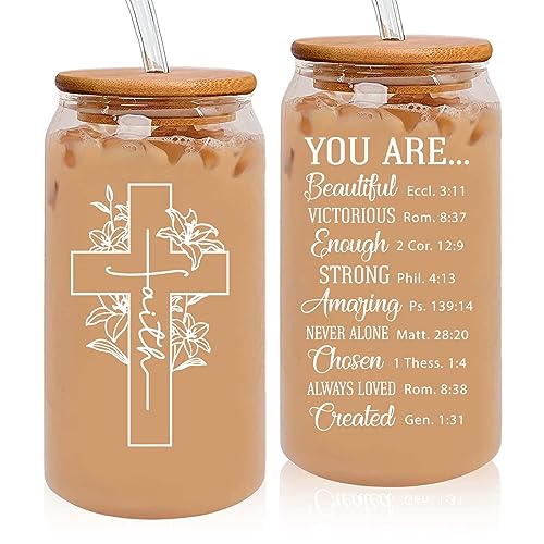 Christian Gifts for Women - Communion Religious Cups Glass Tumbler Water Bottles for Mom Her Friends Female - Inspirational Gifts for Mom Friends Coworker - 16 Oz Coffee Can Drinking Glass Cup