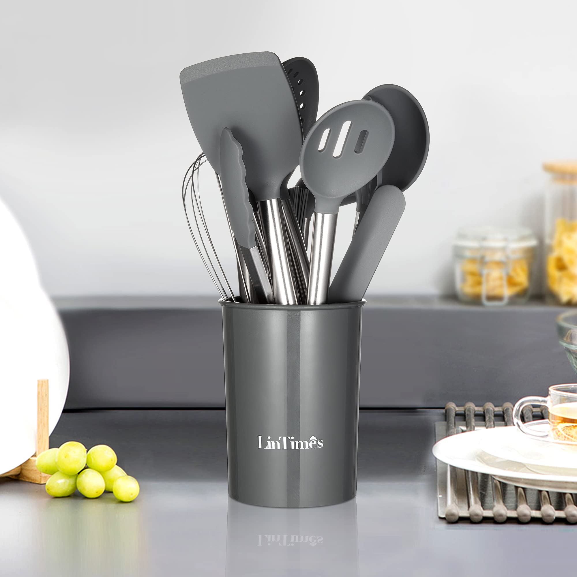Fashionwu Silicone Cooking Utensil Set, 13 Pcs Nonstick Heat Resistant Silicone Cookware Set with Storage Bucket, Stainless Steel Handle Kitchen Utensil Set, Gray