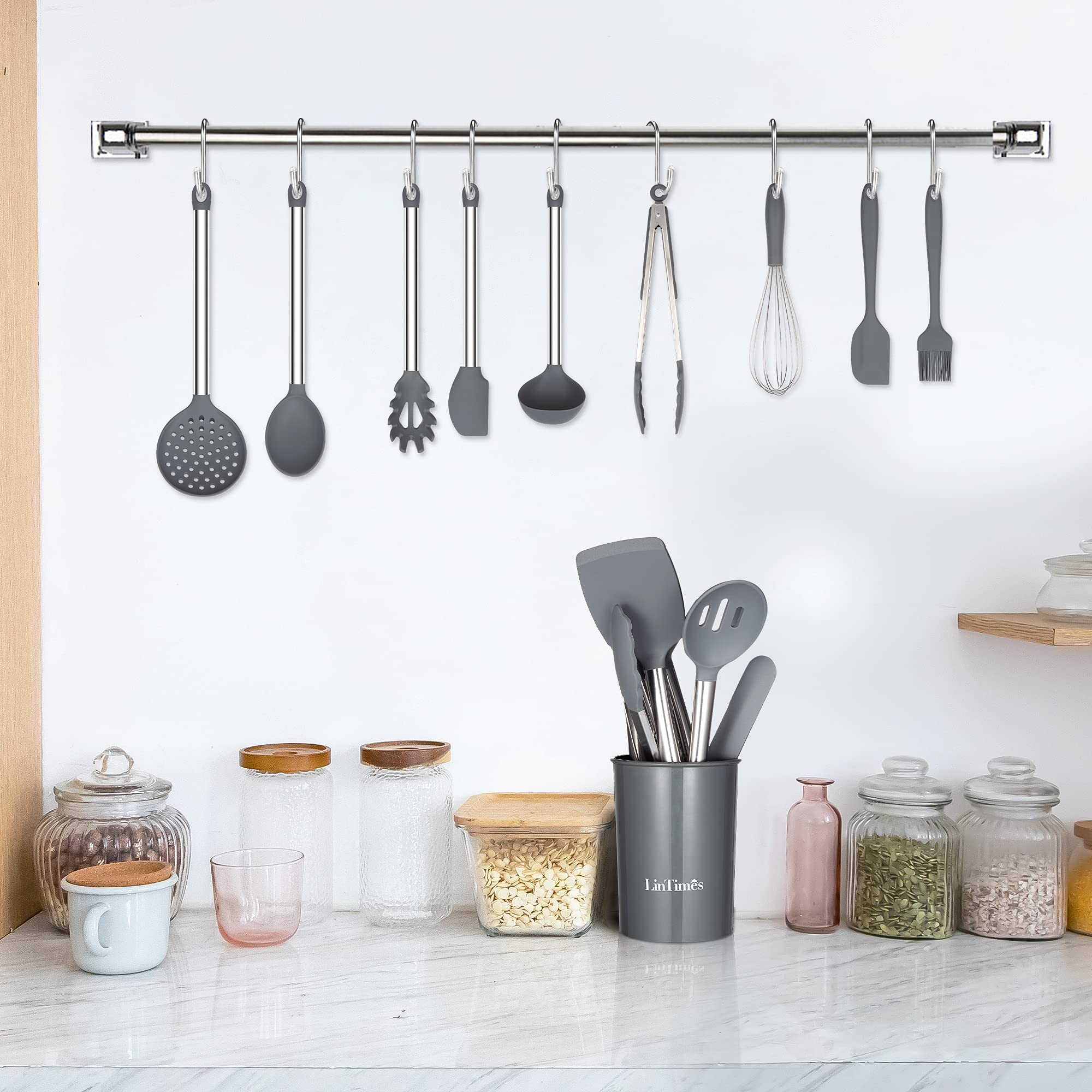 Fashionwu Silicone Cooking Utensil Set, 13 Pcs Nonstick Heat Resistant Silicone Cookware Set with Storage Bucket, Stainless Steel Handle Kitchen Utensil Set, Gray