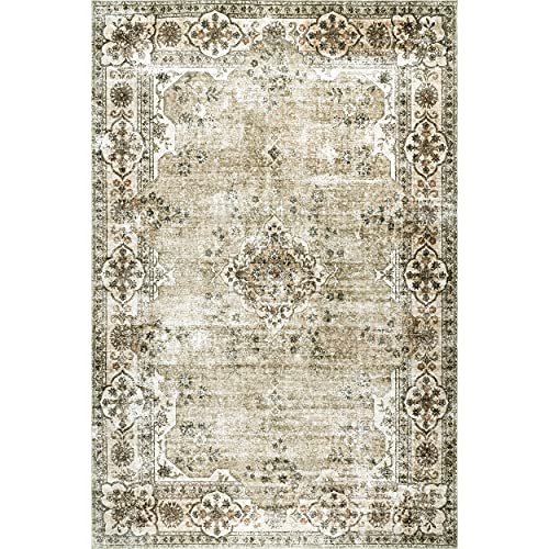 nuLOOM Paisley Machine Washable Faded Floral Border Medallion Area Rug, 6' x 9', Beige