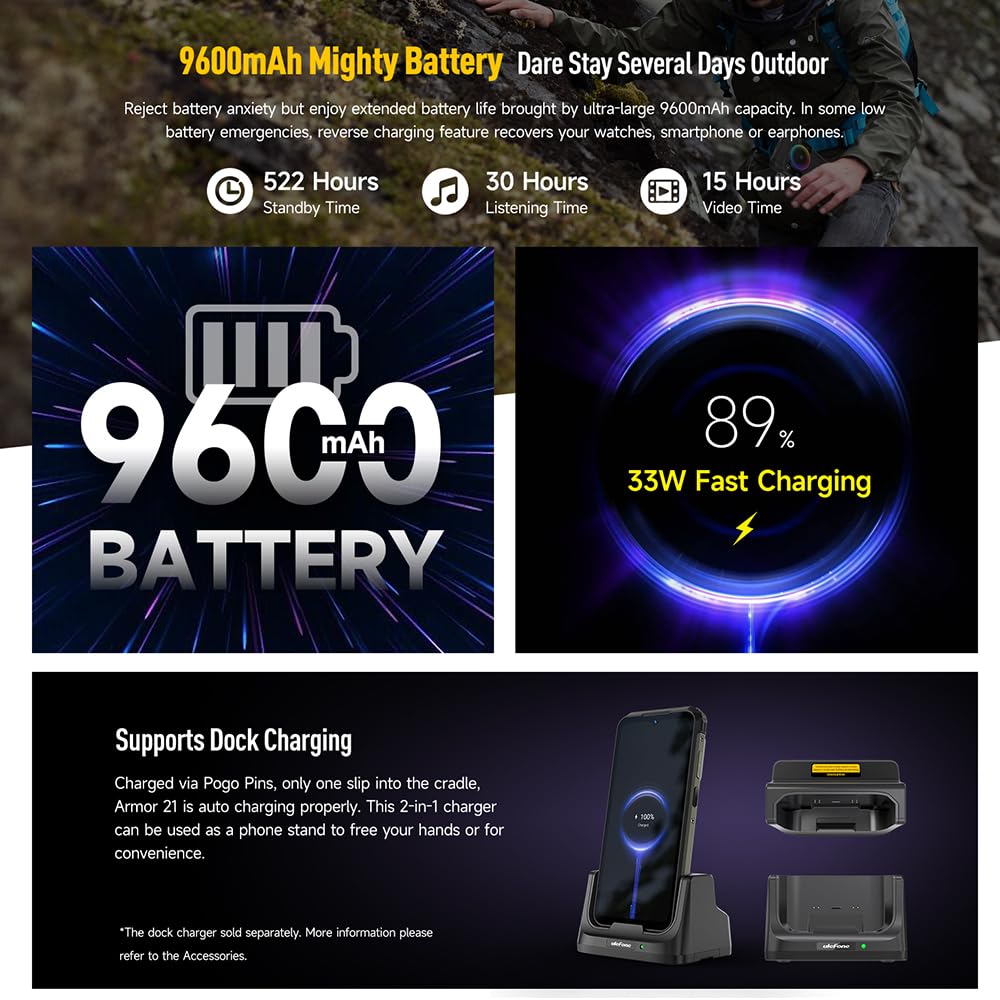 Ulefone Armor 21 Android 13 Rugged Smartphone Unlocked, MTK Helio G99 16GB+256GB Cell Phone, 3.5W Big Speaker, 64MP+24MP Night Vision Camera, 6.58"FHD+, 9600mAh, Dual SIM 4G Rugged Phone, NFC GPS OTG