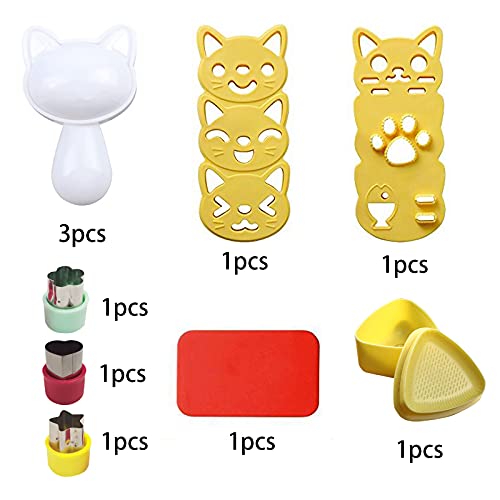 Cute Cat Rice Ball Molds 6 Sets Sushi Molds Bento Accessories Kits with 3PCS Vegetable Fruit Cutter Shapes and 1PC Gimbap Mold Triangle for Nori Rice Making DIY Bento Box Picnic Tools
