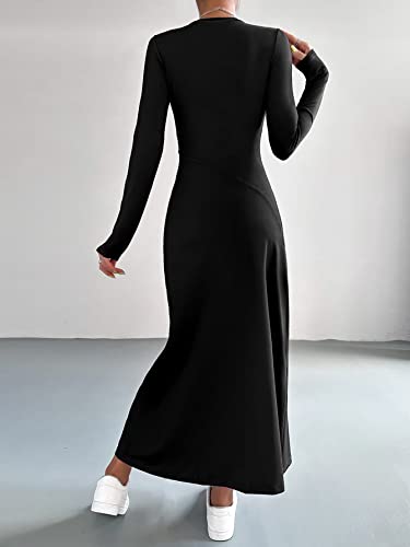 Verdusa Women's Casual Long Sleeve Round Neck Solid A Line Long Maxi Dress Black XS