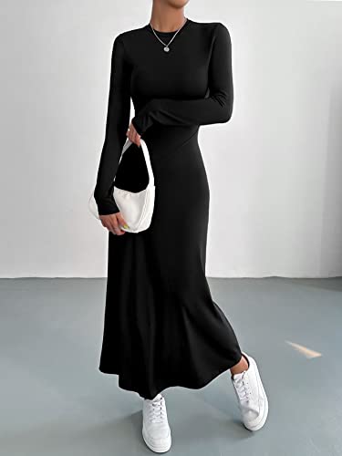 Verdusa Women's Casual Long Sleeve Round Neck Solid A Line Long Maxi Dress Black XS