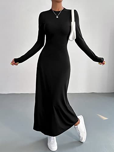 Verdusa Women's Casual Long Sleeve Round Neck Solid A Line Long Maxi Dress Black XS