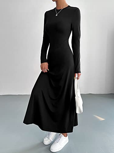 Verdusa Women's Casual Long Sleeve Round Neck Solid A Line Long Maxi Dress Black XS