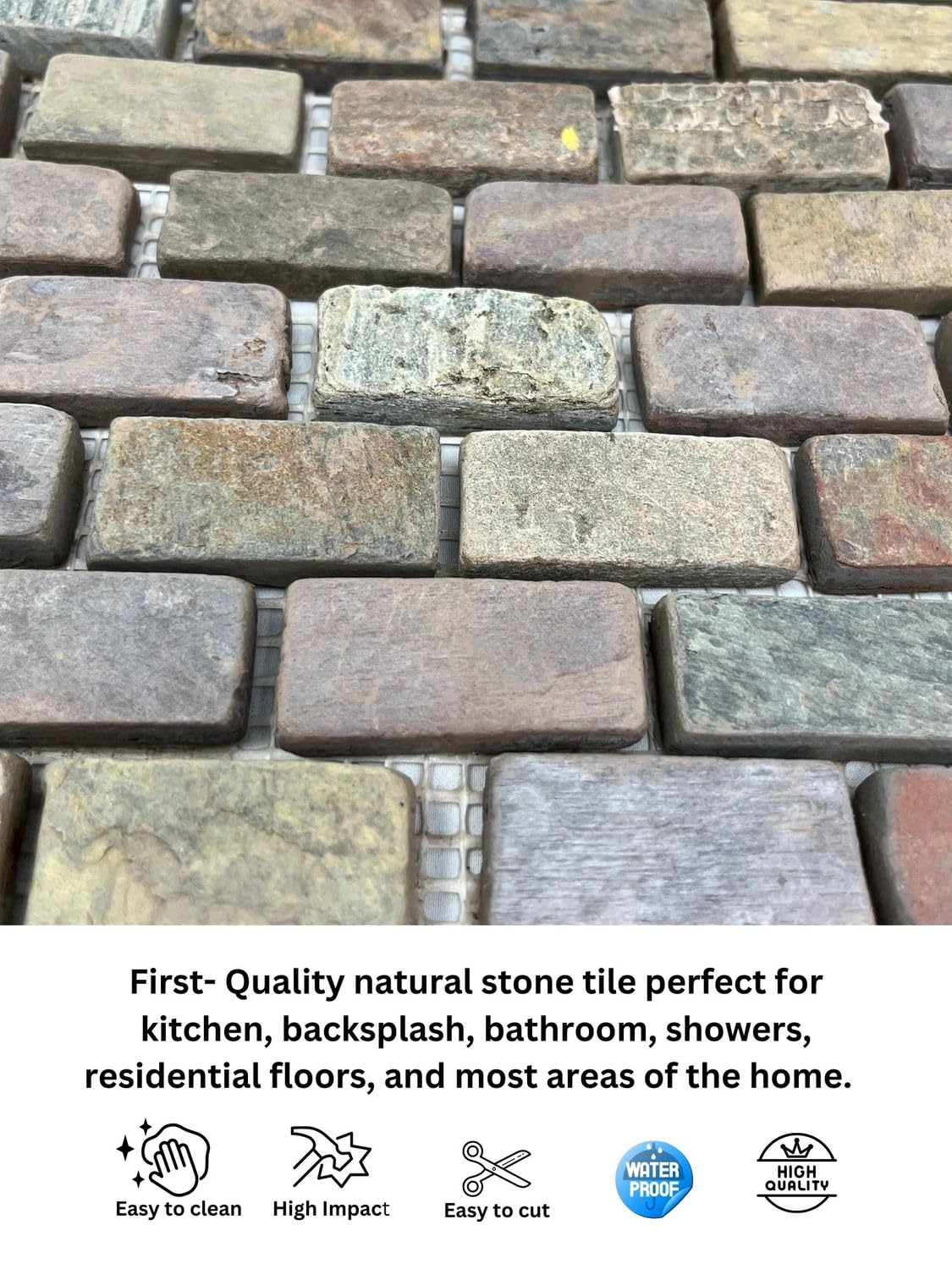 Peacock Slate Multi Classic Rust Brick 1x2 Gauged Tumbled Floor Wall Tile for Kitchen Backsplash, Bathroom Shower, Pool Tile, Fireplace Surround, Exterior Outdoor (1 Sheet)
