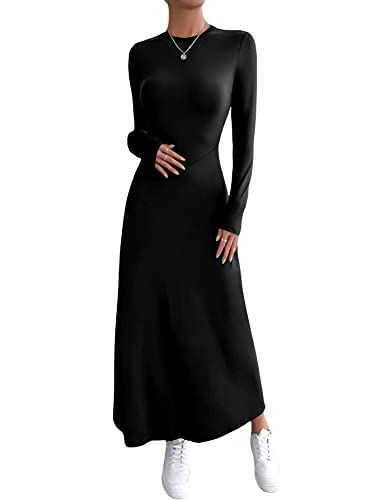 Verdusa Women's Casual Long Sleeve Round Neck Solid A Line Long Maxi Dress Black XS