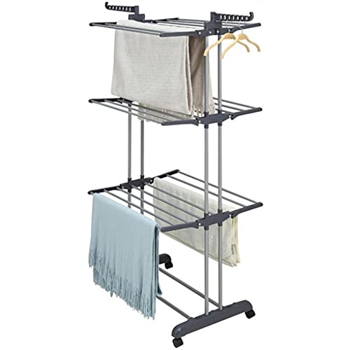 UXZDX 6-Layer Adjustable Rolling Clothes Rack Coat Rack Floor Hanger Storage Closet Clothing Drying Foldable Clothes Hanger (Color : Black)