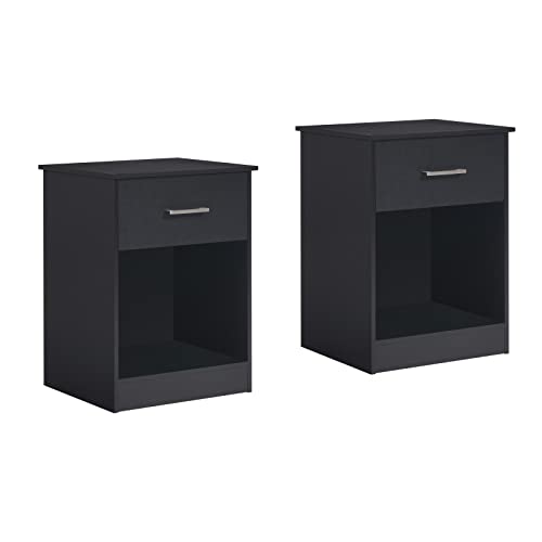 Reettic Wooden Nightstand Set of 2, End Table with Sliding Drawer and Opening Shelf, Sofa Bedside Table for Bedroom, Black RCTG101B02