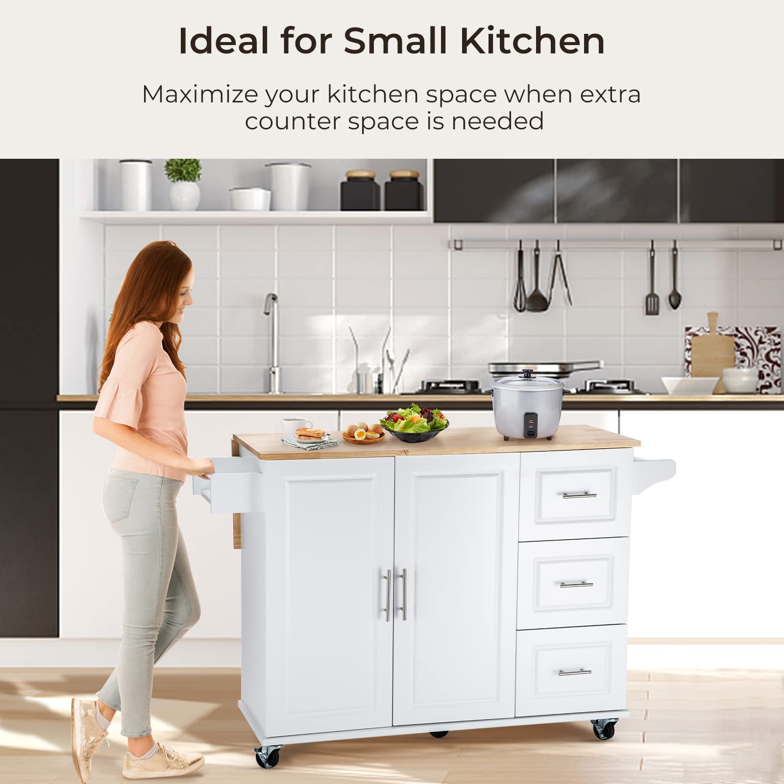 Unovivy Large Kitchen Island Cart with Drop Leaf, Kitchen Island with Storage, Rolling Kitchen Island with Adjustable Shelf Inside Cabinet, 3 Drawers, Spice Rack, Towel Rack and Wood Table Top(White)