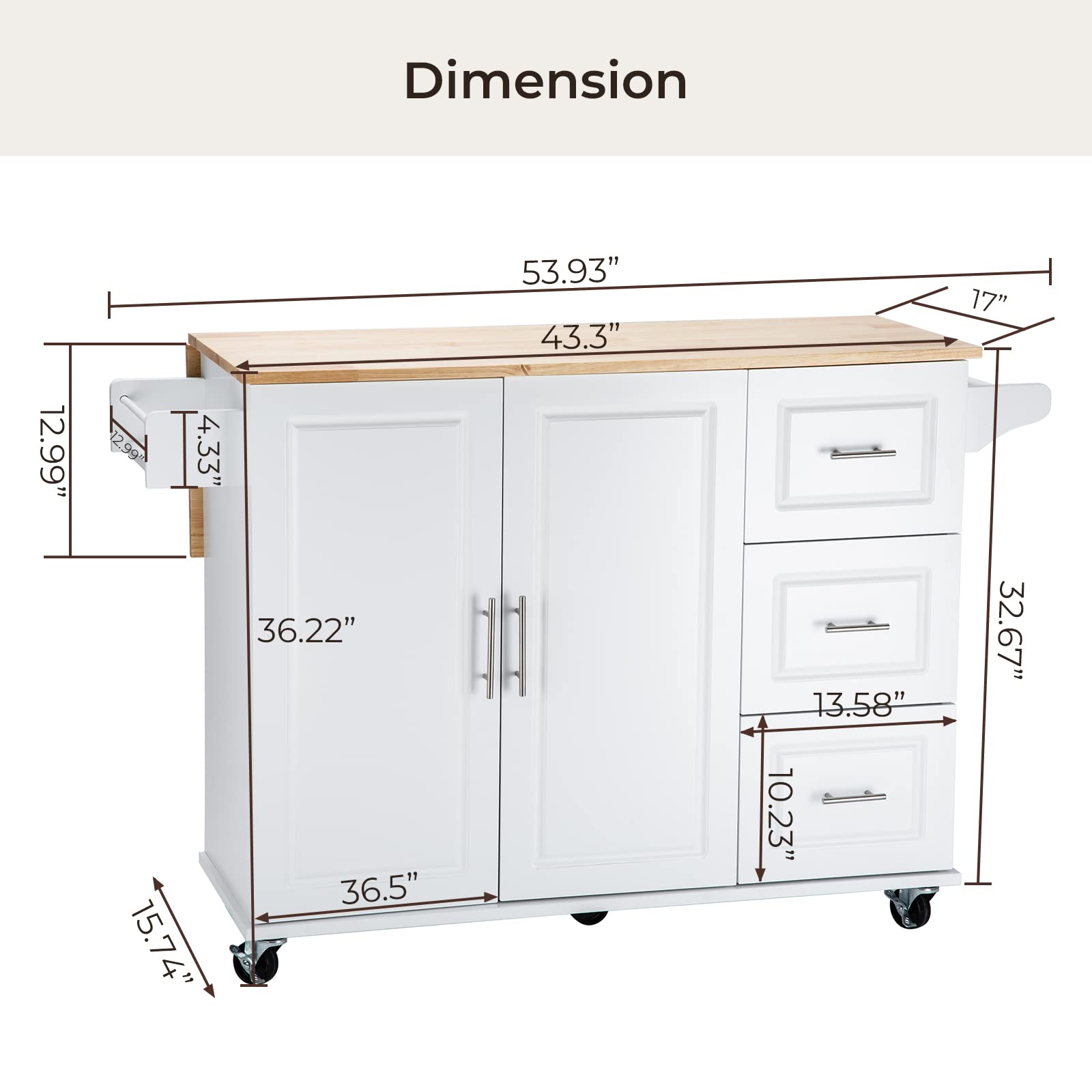 Unovivy Large Kitchen Island Cart with Drop Leaf, Kitchen Island with Storage, Rolling Kitchen Island with Adjustable Shelf Inside Cabinet, 3 Drawers, Spice Rack, Towel Rack and Wood Table Top(White)