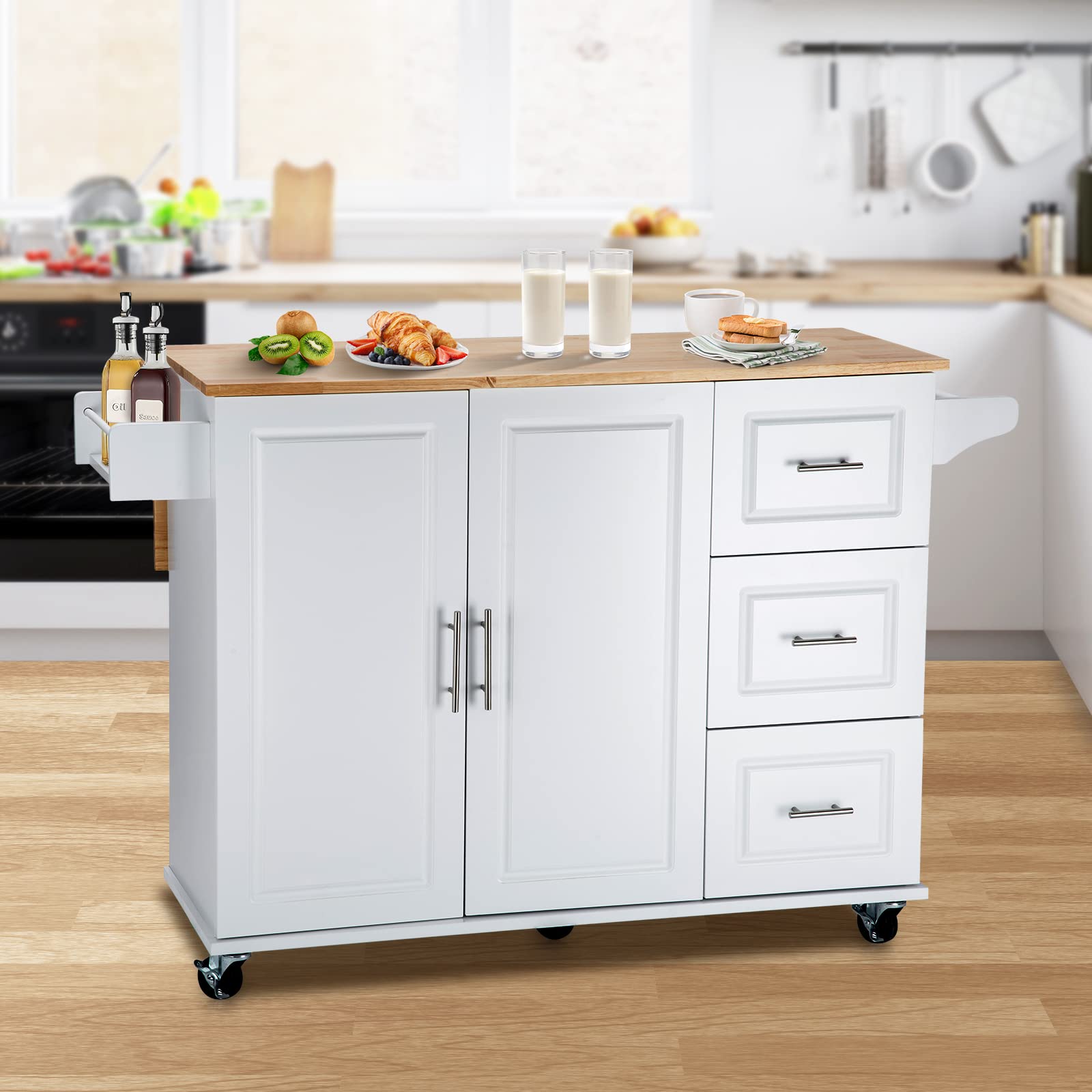 Unovivy Large Kitchen Island Cart with Drop Leaf, Kitchen Island with Storage, Rolling Kitchen Island with Adjustable Shelf Inside Cabinet, 3 Drawers, Spice Rack, Towel Rack and Wood Table Top(White)