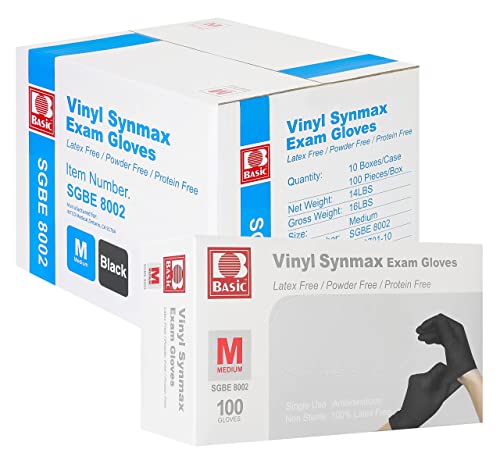 Basic Disposable Medical Synmax Vinyl Exam Gloves- 4 mil Safty Glove 1000pcs - Latex-Free & Powder-Free - SGBE 8002, Medium (Case of 1000, Black)