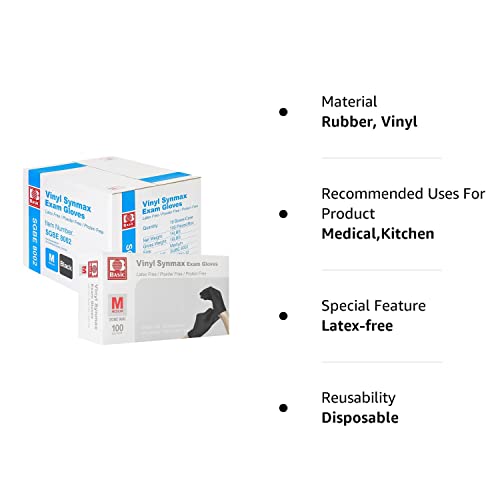 Basic Disposable Medical Synmax Vinyl Exam Gloves- 4 mil Safty Glove 1000pcs - Latex-Free & Powder-Free - SGBE 8002, Medium (Case of 1000, Black)