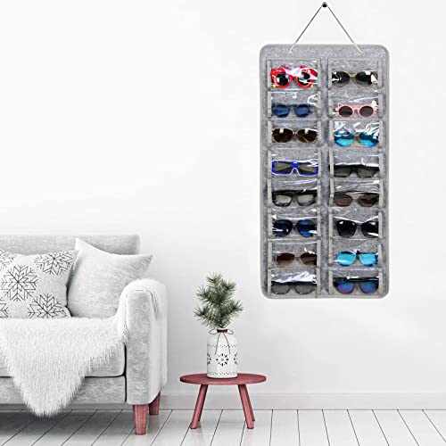 Casaphoria Sunglasses Organizer Storage, Hanging Dust Proof Wall Pocket Glasses Organizer - 16 Felt Slots Sunglass Organizer Holder with Metal Hook and Sturdy Rope (Gray, Dust Proof)