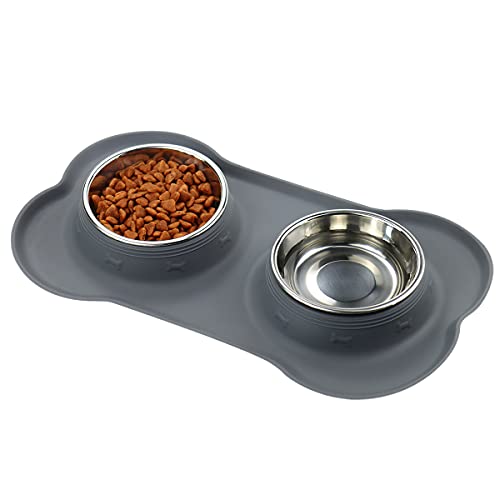 Dog Bowls, Cat Food and Water Bowls Stainless Steel, Double Pet Feeder Bowls with No Spill Non-Skid Silicone Mat, Dog Dish for Small Dogs Cats Puppies, Set of 2 Bowls (S-6oz, Grey)