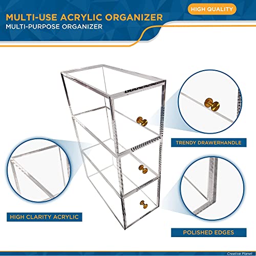 Creative Planet Acrylic Drawer Organizer Designer Collection 3 Level Storage Drawers for Cosmetics, Sunglasses, Makeup Gift for Women, Men, Girls (3-Level-L, Transparent)