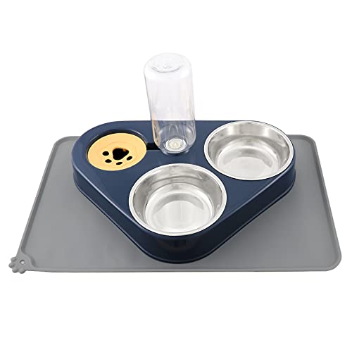 GaoFan Triple Dog Cat Bowls Set, Two Detachable Stainless Steel Bowls, with Automatic Water Dispenser Plus No Spill Non Skid Waterproof Silicon Mat for Small Medium Size Dog Cat