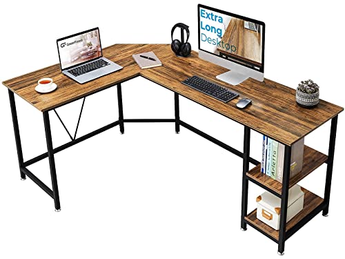 GreenForest L Shaped Corner Desk 65.7 inch with Storage Shelf and 2 Drawers File Cabinet Wooden Lateral File Cabinet with Open Storage Shelves