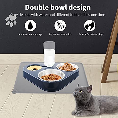 GaoFan Triple Dog Cat Bowls Set, Two Detachable Stainless Steel Bowls, with Automatic Water Dispenser Plus No Spill Non Skid Waterproof Silicon Mat for Small Medium Size Dog Cat