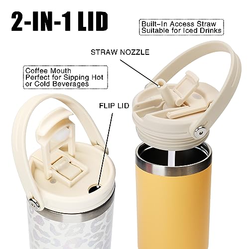 35oz Tumbler with Handle, Insulated Coffee Tumbler with Leak-proof 2-in-1 Lid and Straw, Double Wall Vacuum Insulated Coffee Mug, Stainless Steel Water Bottle for Hot&Cold Drinks(Ivory Leopard)