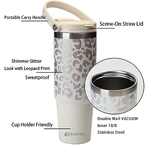 35oz Tumbler with Handle, Insulated Coffee Tumbler with Leak-proof 2-in-1 Lid and Straw, Double Wall Vacuum Insulated Coffee Mug, Stainless Steel Water Bottle for Hot&Cold Drinks(Ivory Leopard)