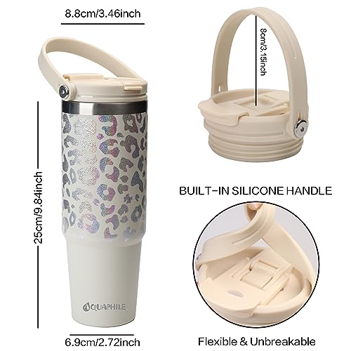 35oz Tumbler with Handle, Insulated Coffee Tumbler with Leak-proof 2-in-1 Lid and Straw, Double Wall Vacuum Insulated Coffee Mug, Stainless Steel Water Bottle for Hot&Cold Drinks(Ivory Leopard)