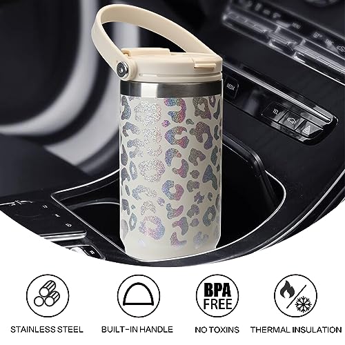 35oz Tumbler with Handle, Insulated Coffee Tumbler with Leak-proof 2-in-1 Lid and Straw, Double Wall Vacuum Insulated Coffee Mug, Stainless Steel Water Bottle for Hot&Cold Drinks(Ivory Leopard)