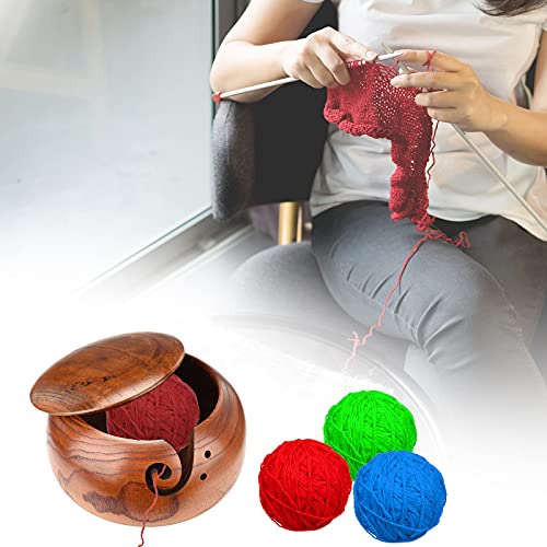 LEMCC Wooden Yarn Bowl with Lid Handmade Knitting Wool Storage Basket with Holes Crocheting Accessories Kit Organizer for Mothers Day and Christmas Gift, Medium