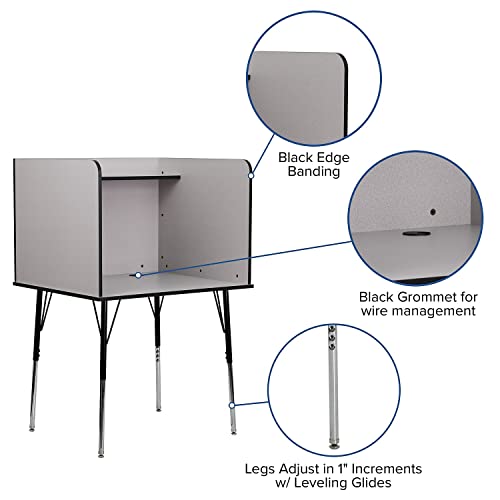 Flash Furniture Study Carrel - Nebula Grey Finish with Top Shelf - Height Adjustable Legs - Wire Management Grommet