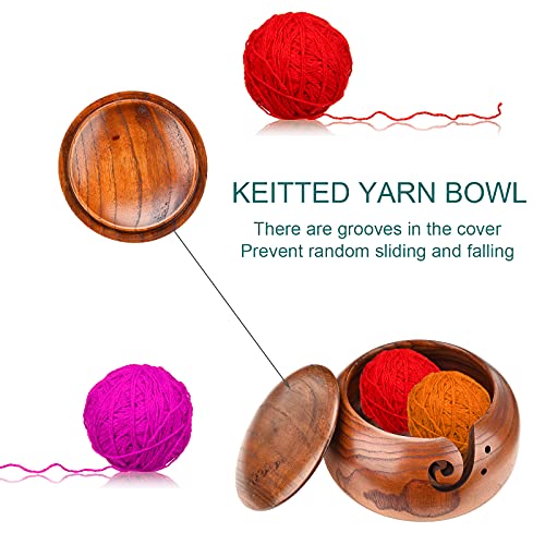 LEMCC Wooden Yarn Bowl with Lid Handmade Knitting Wool Storage Basket with Holes Crocheting Accessories Kit Organizer for Mothers Day and Christmas Gift, Medium