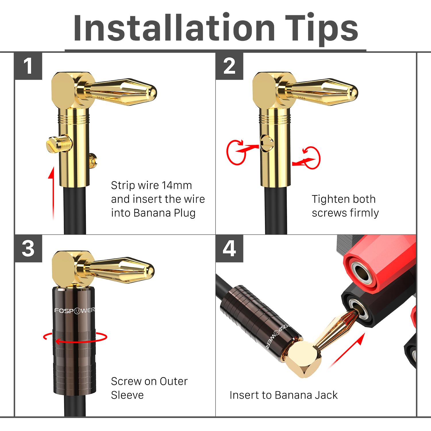 FosPower Right Angle Banana Plugs (2 Pairs / 4 pcs), Closed Screw 24K Gold Plated Banana Speaker Plug Connectors for Speaker Wire, Wall Plate, Home Theater, Audio/Video Receiver, and Sound Systems