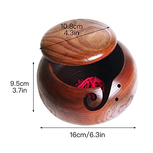 LEMCC Wooden Yarn Bowl with Lid Handmade Knitting Wool Storage Basket with Holes Crocheting Accessories Kit Organizer for Mothers Day and Christmas Gift, Medium
