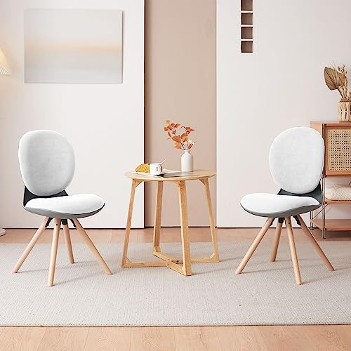 LOVSPATIO Modern Dining Chairs Set of 2, Velvet Shell Upholstered Vanity Chairs with Round seat & Wood Legs for Dining Room, Kitchen, Living Room (White)