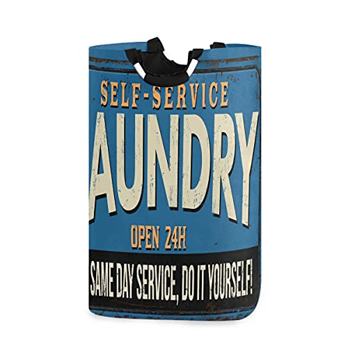 Vintage Laundry Room Laundry Basket Open 24 Hours Foldable Laundry Hamper with Handles Waterproof Durable Clothes Bucket Washing Bin Dirty Baskets Toy Storage for Home College Dorm Bathroom 50L