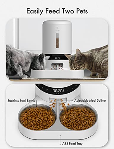 PETLIBRO Automatic Cat Feeder for Two Cats, 5L Dry Food Dispenser with Splitter and Two Stainless Bowls, 10s Meal Call and Timer Setting, 50 Portions 6 Meals Per Day for Cat and Dog