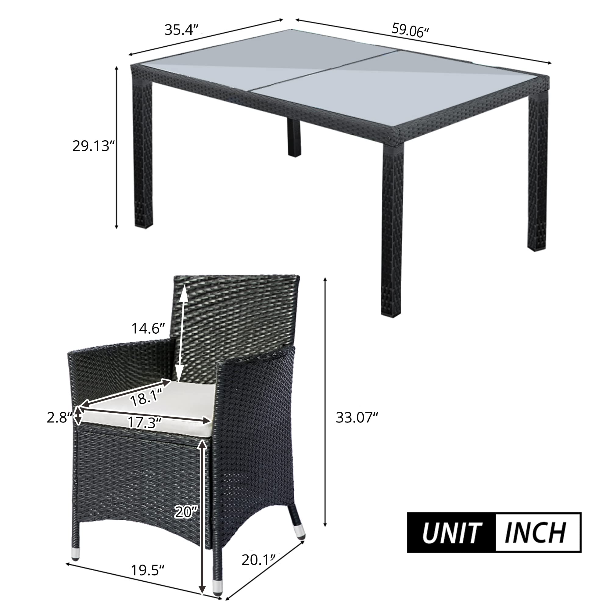 ERYE 7 Pieces PE Wicker Rattan Dining Sets Include Tempered Frosted Glass Table,6 Armchairs and Cushions, All-Weather Outdoor & Patio Conversation Dinner Furniture for Garden Backyard,Black +Beige