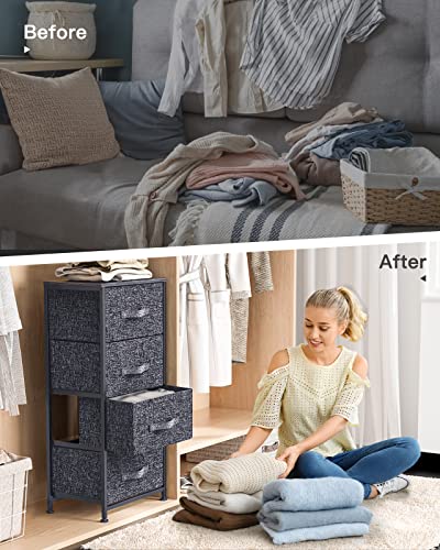 Pipishell Dresser with 4 Drawers, Tall Storage Tower with Sturdy Steel Frame Wood Top,Fabric Dresser Organizer Unit for Bedroom, Hallway, Entryway, Closets, Nursery Room Black