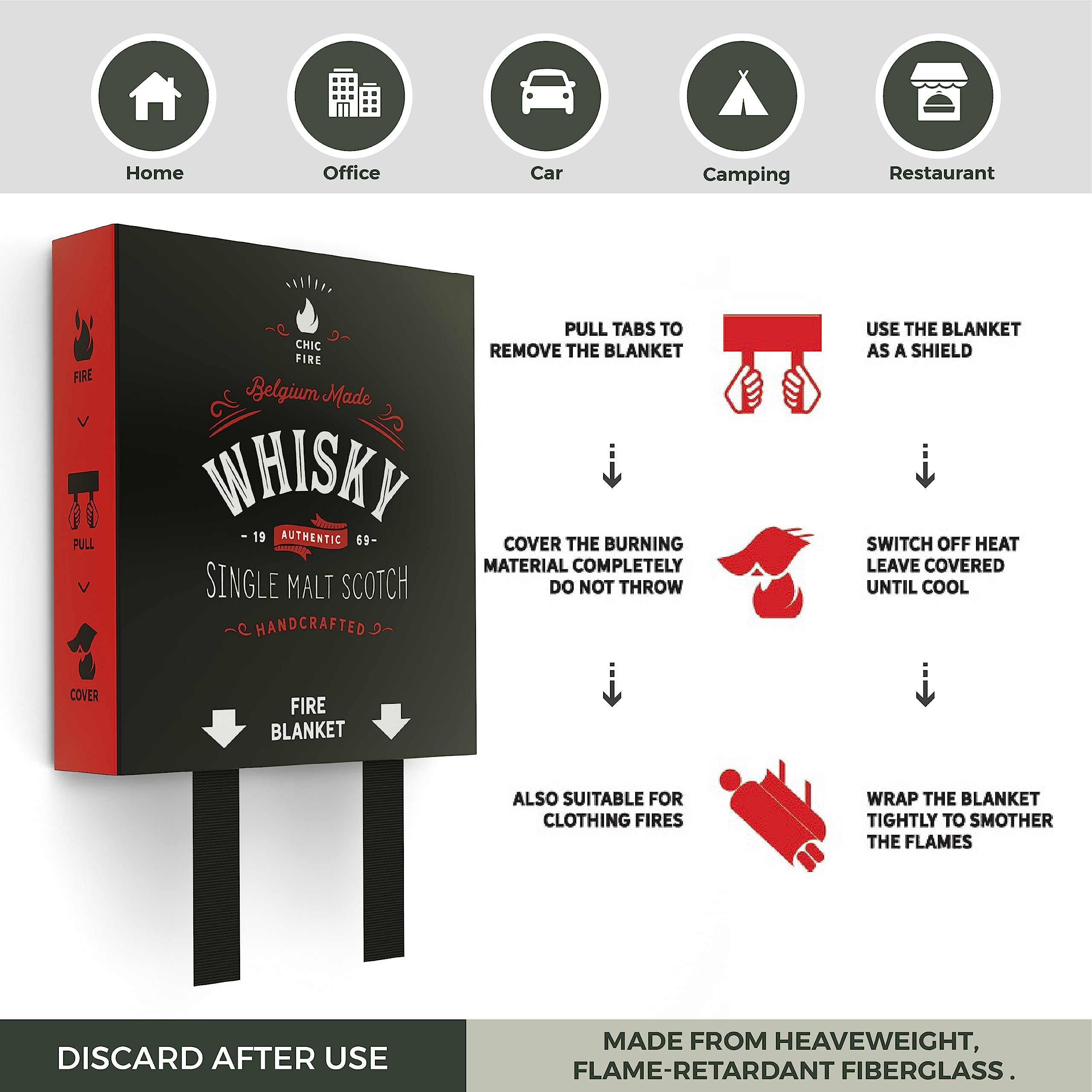 CHIC FIRE Designer Fire Blanket 47β x 47β - Stylish Fire Blanket for Home & Kitchen - Flame-Retardant Fiberglass Emergency Blanket - Designed for Kitchen, Workspace, Restaurant - Red Whisky